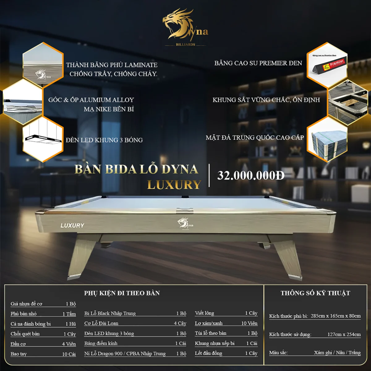 BÀN BIDA LỖ DYNA LUXURY | Billiard Dyna